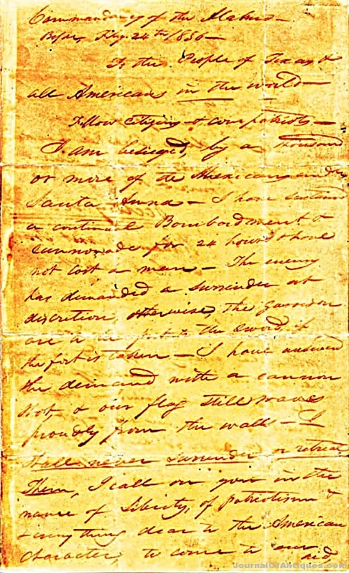 Ken's Korner: ‘Victory or Death’ letter at the Alamo - The Journal of ...